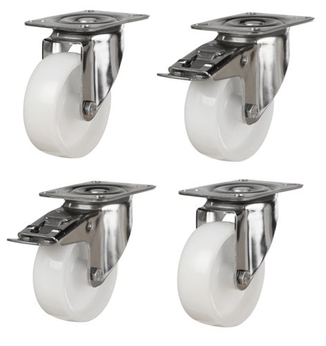 100mm Stainless Steel Swivel & Braked Castors with White Nylon Wheel ...