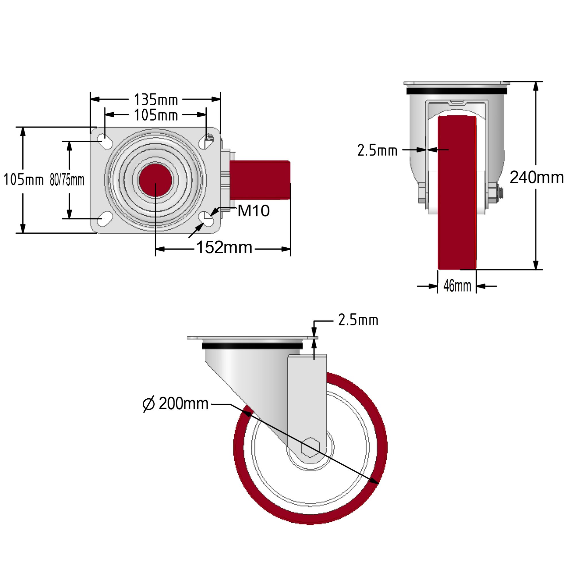 200mm Stainless Steel Swivel & Braked Castors with Non-Marking Maroon ...