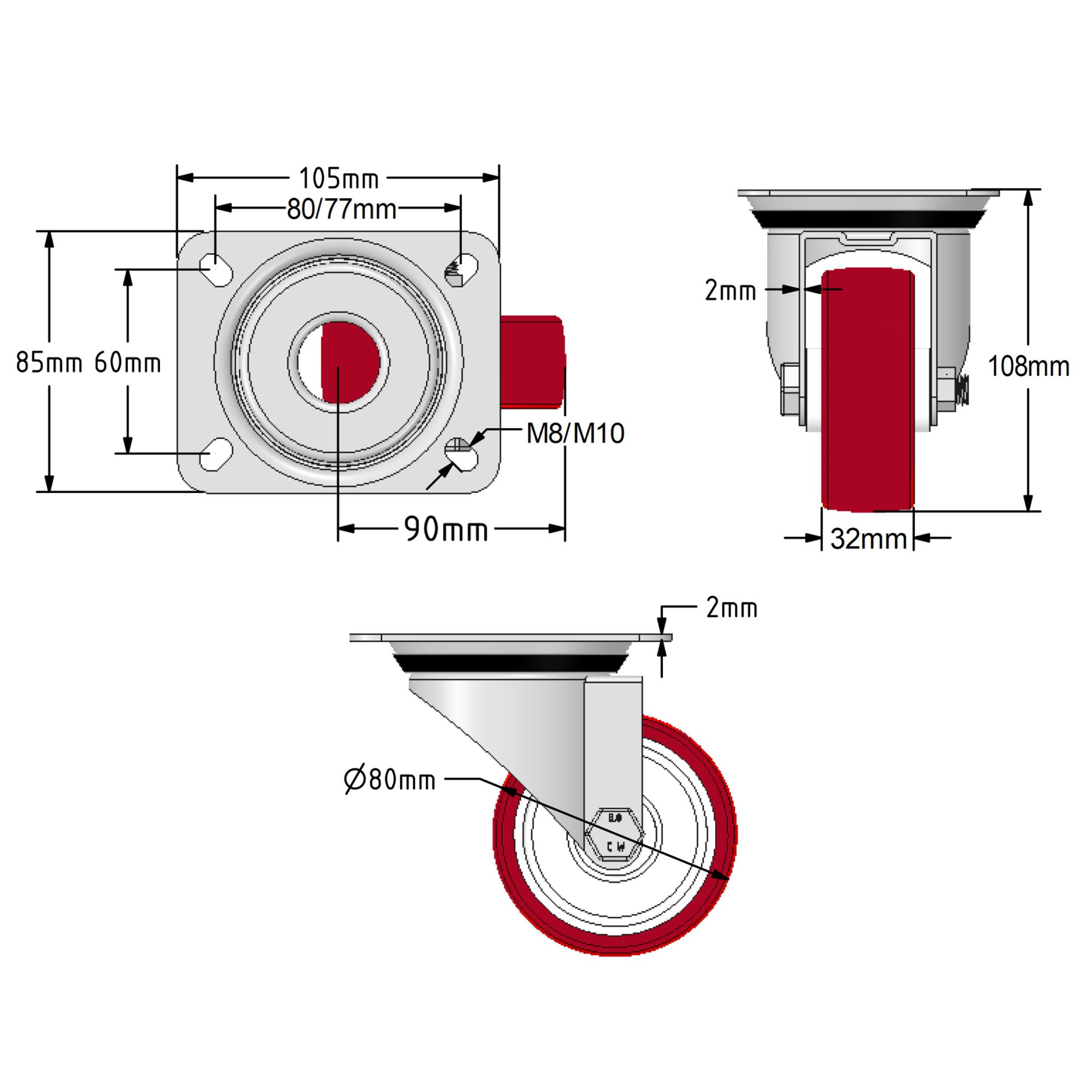 80mm Stainless Steel Swivel & Braked Castors with Non-Marking Maroon ...