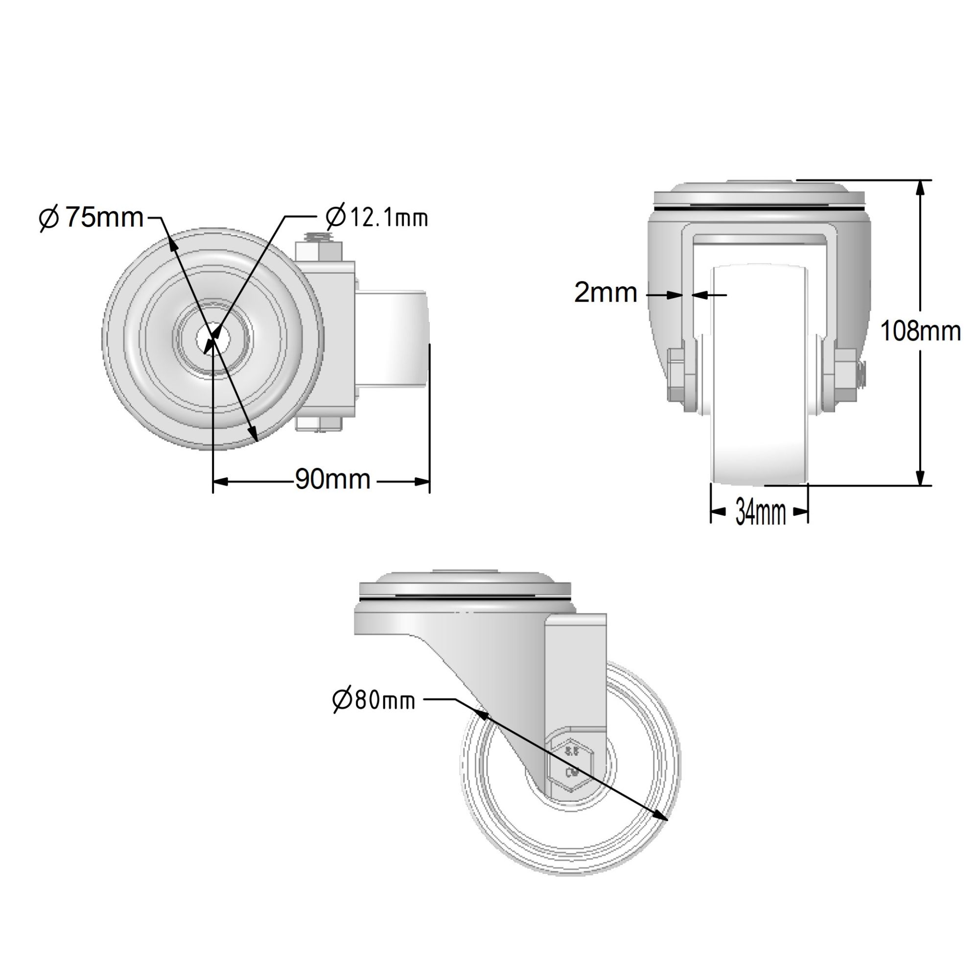 80mm Stainless Steel Single Bolt Hole Fitting Swivel & Braked Castors ...