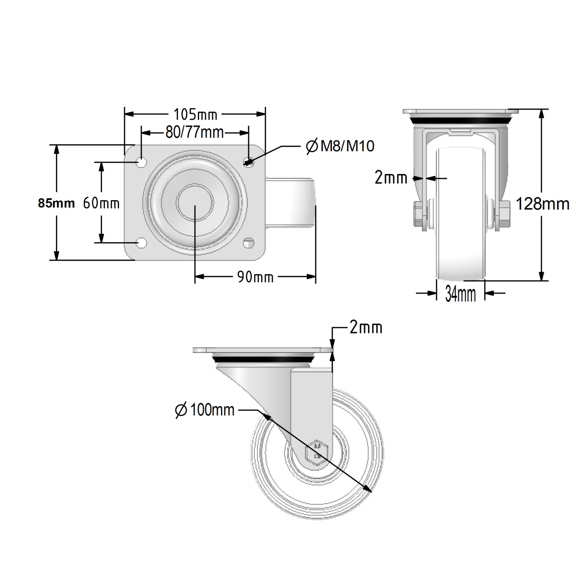 100mm Stainless Steel Swivel & Braked Castors with White Nylon Wheel ...