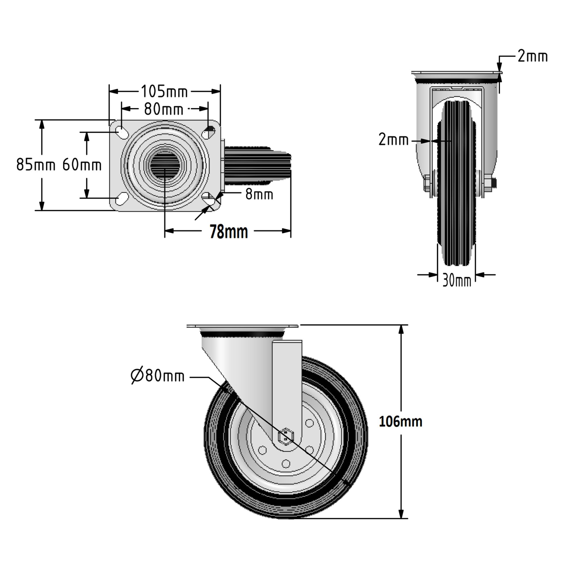 80mm Wheel Diameter (Steel Centre) SET OF 4