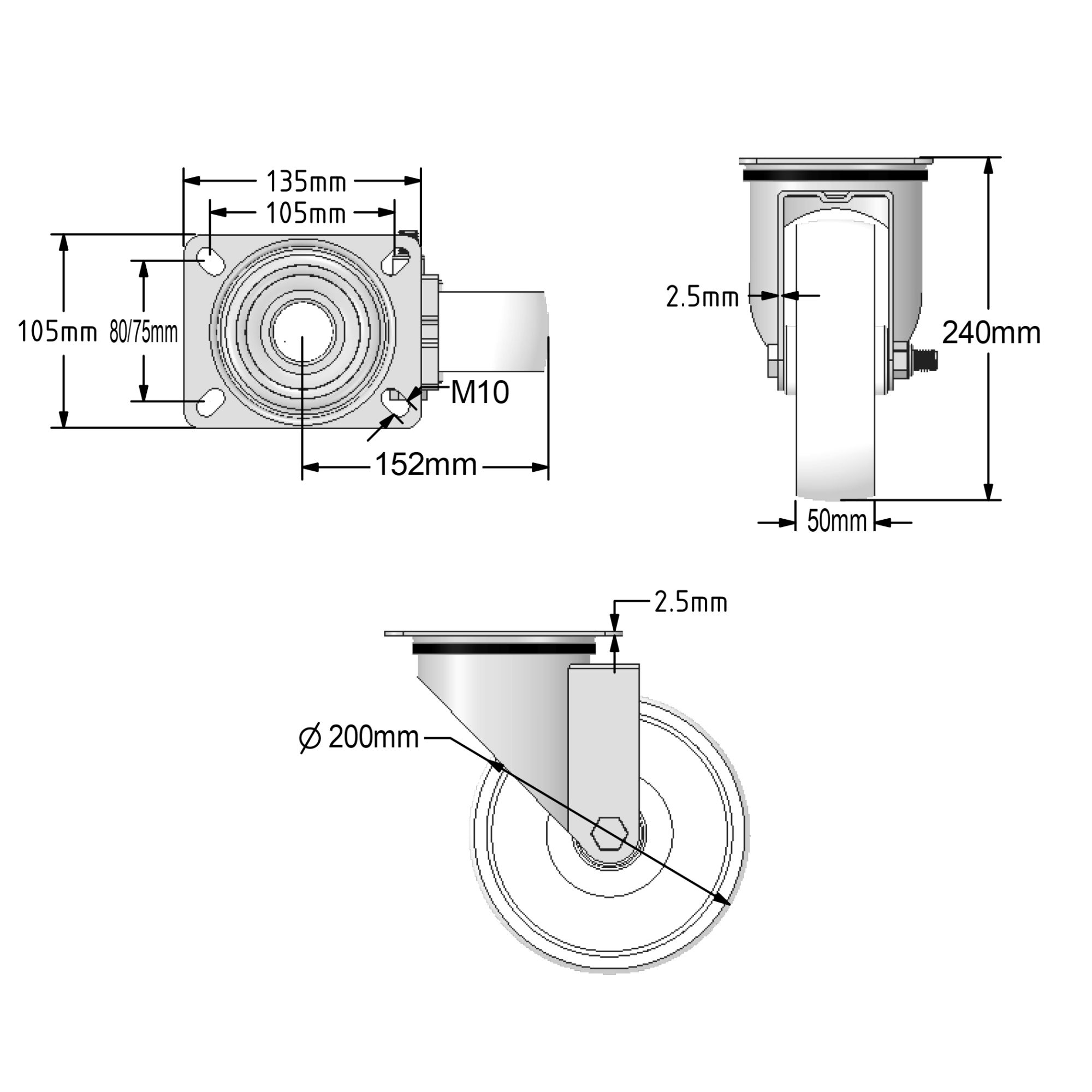200mm Stainless Steel Swivel & Braked Castors with White Nylon Wheel ...
