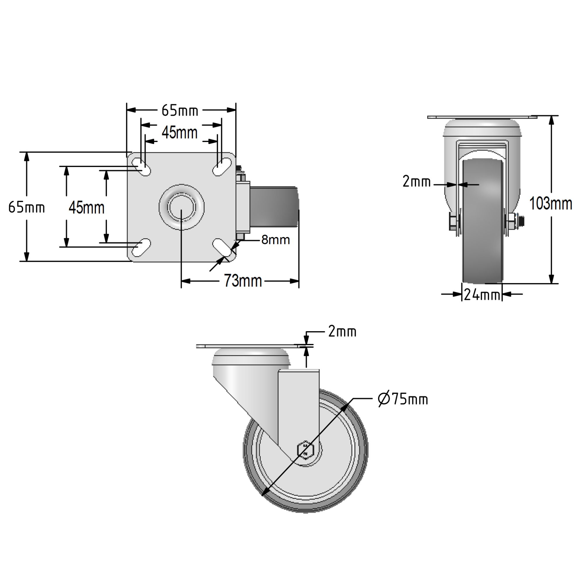 75mm Grey Rubber Non-Marking Apparatus Plate Fitting Castors (Set of 4)